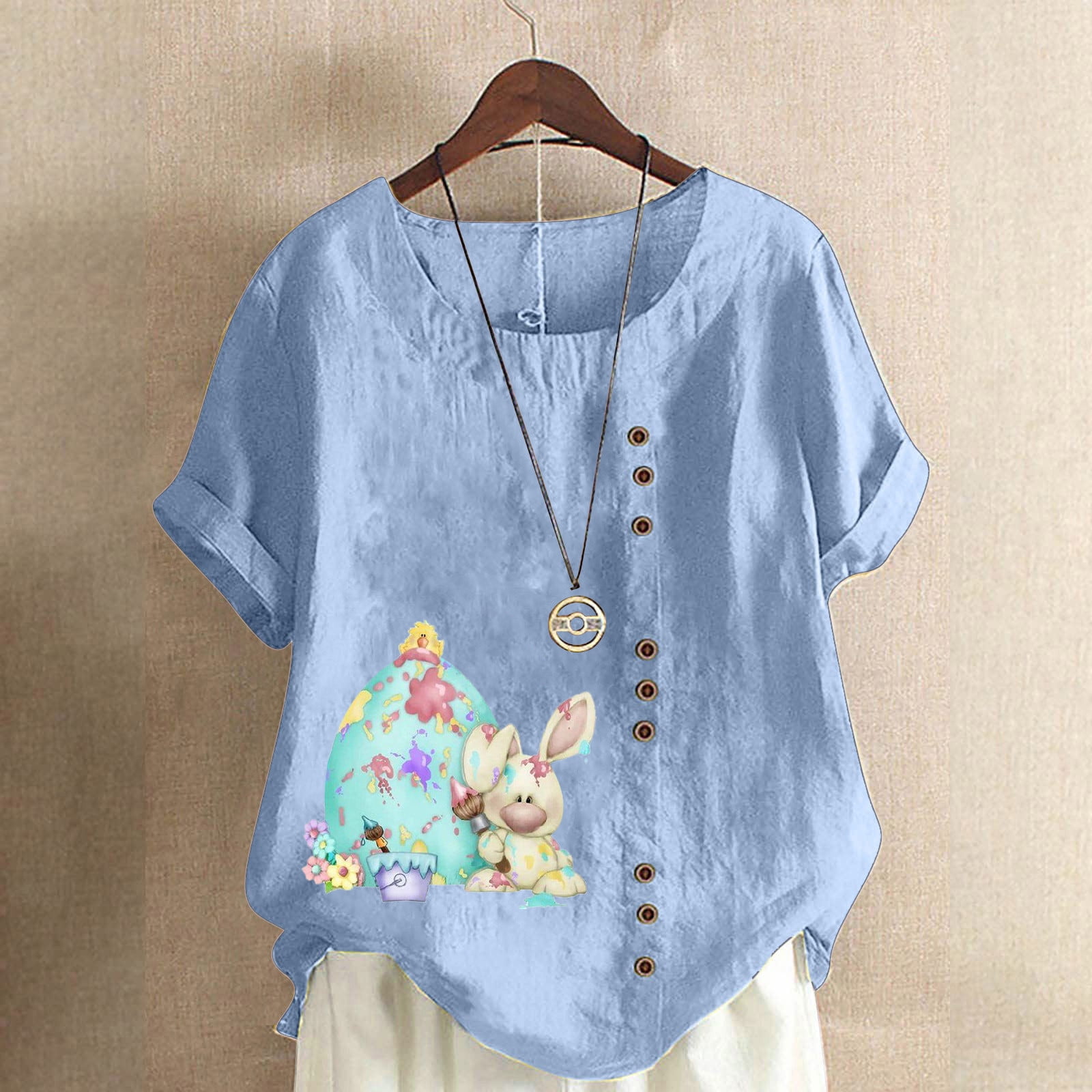 HOMBOM Light Blue Easter Shirts for Women With Eggs Crew Neck Short ...