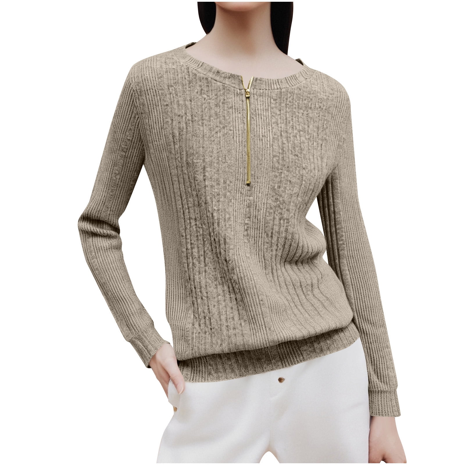HOMBOM Long Sleeve Ribbed Tops for Women Fall Half Zip Crew Neck Shirts ...