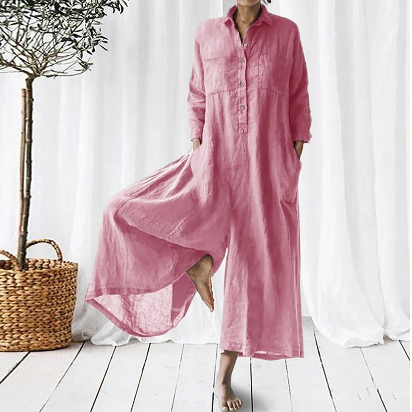 HOMBOM Long Sleeve Women Jumpsuit With Pockets Pink Button up Solid ...