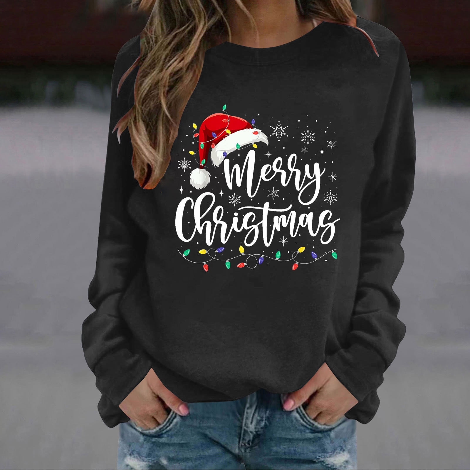 HOMBOM Merry Sweatshirts for Women Crewneck Black Holiday Christmas ...