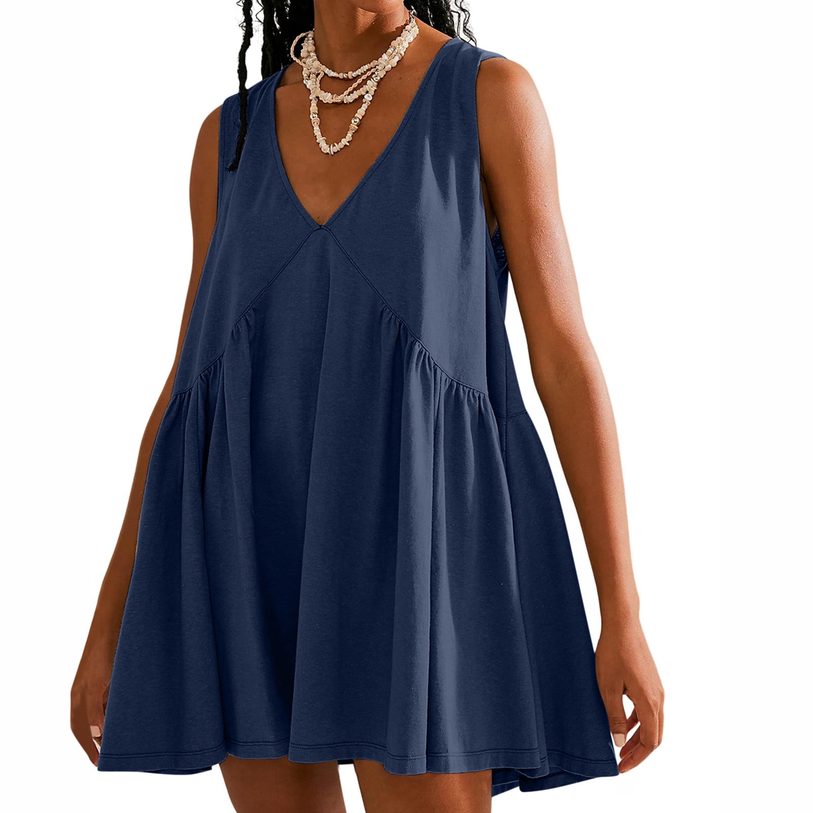 HOMBOM Mini Dresses for Women Blue Summer Vacation Sundress Pleated V ...