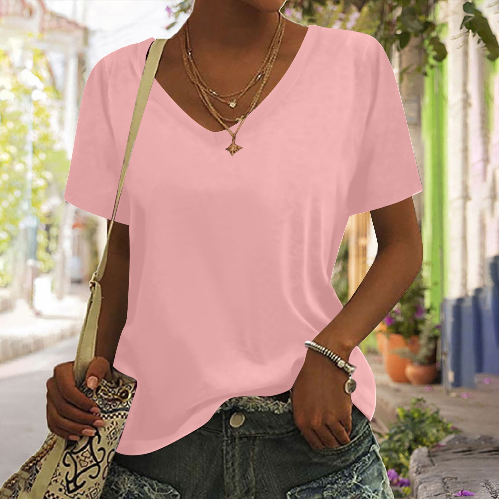 HOMBOM New Arrivals Blouses for Women Plain Pink Basic Short Sleeve V ...