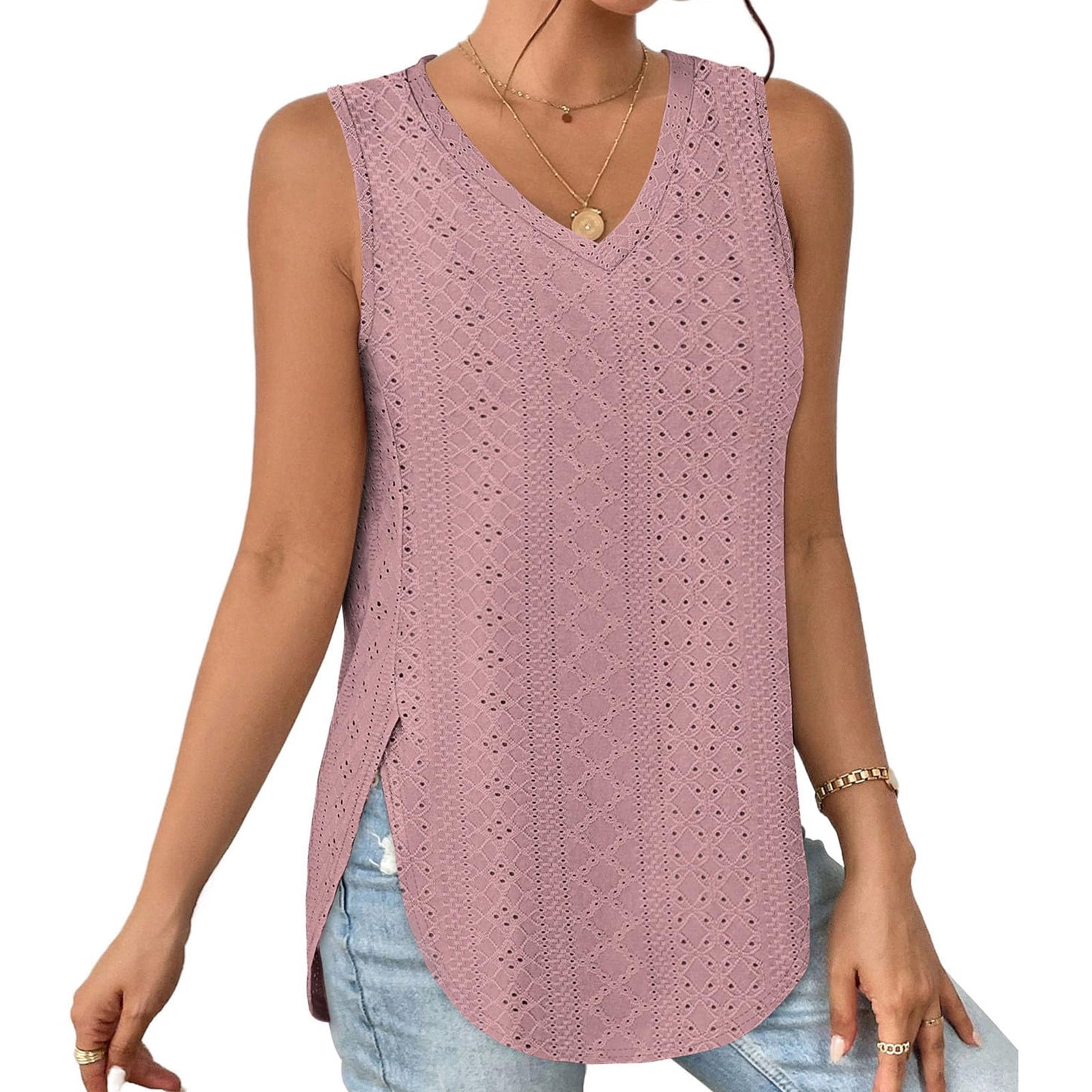 HOMBOM Pink Tunic Tops for Women Tank Tops Sleeveless Solid Color Dots ...