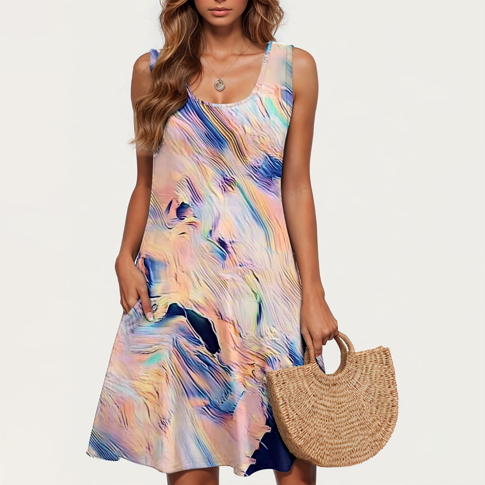 HOMBOM Plus Size Dresses for Women Blue 2025 Mid-Length Sundress 2025 ...