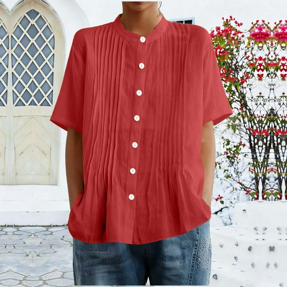 HOMBOM Shirts for Women Cotton Linen Button Plus Size Short Sleeve ...
