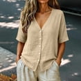 HOMBOM Shirts for Women Cotton Linen Khaki Short Sleeve Button down ...