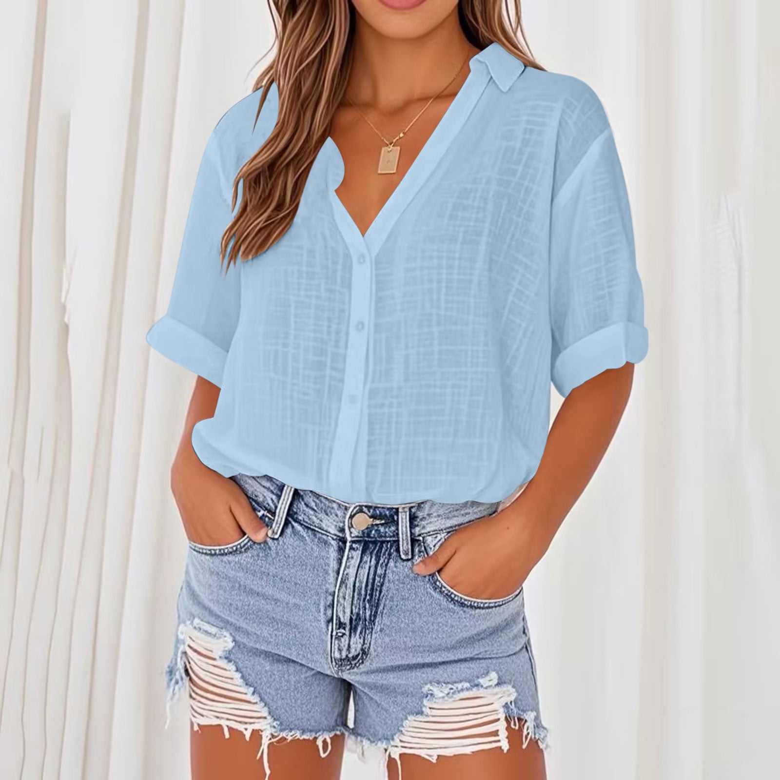 HOMBOM Sky Blue Tops for Women Casual V Neck Short Sleeve Button Solid ...