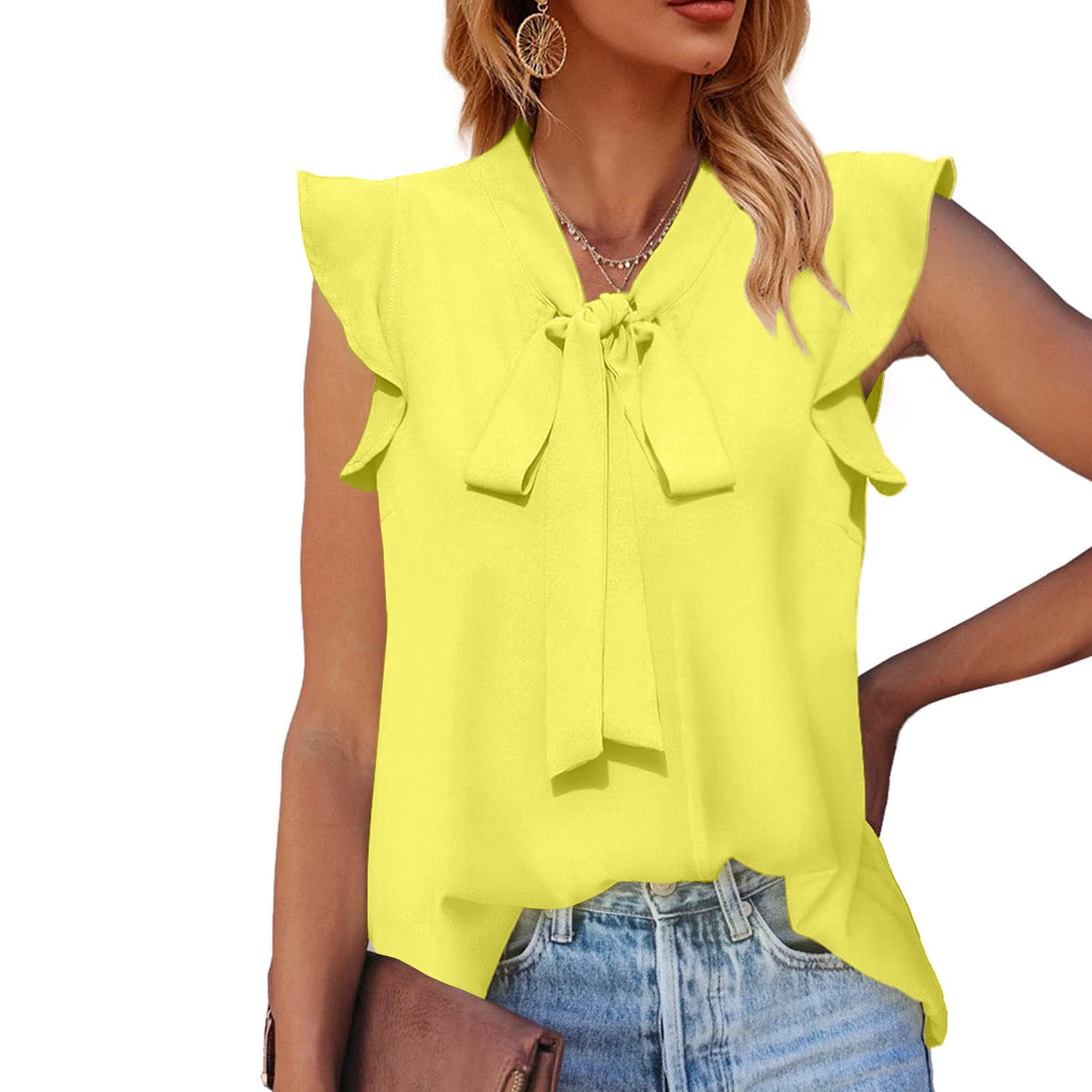 HOMBOM Sleeveless Cute Tops for Women Yellow Tank Tops Solid Color V ...