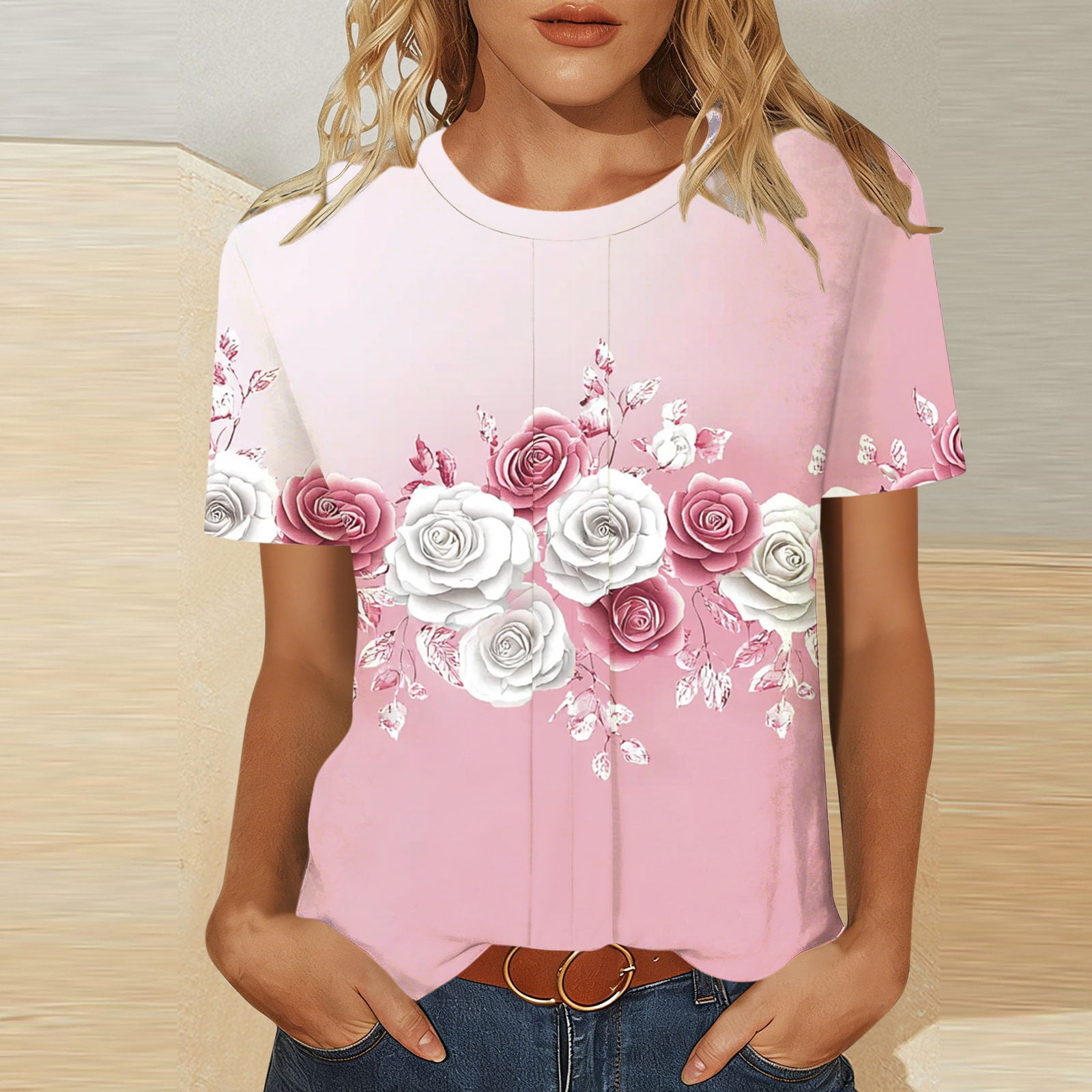 HOMBOM Spring Shirts for Women Tee Shirts Crewneck Boho Floral Beach ...