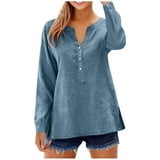 HOMBOM Summer Shirts for Women Side Split Long Sleeve Cotton Linen V ...
