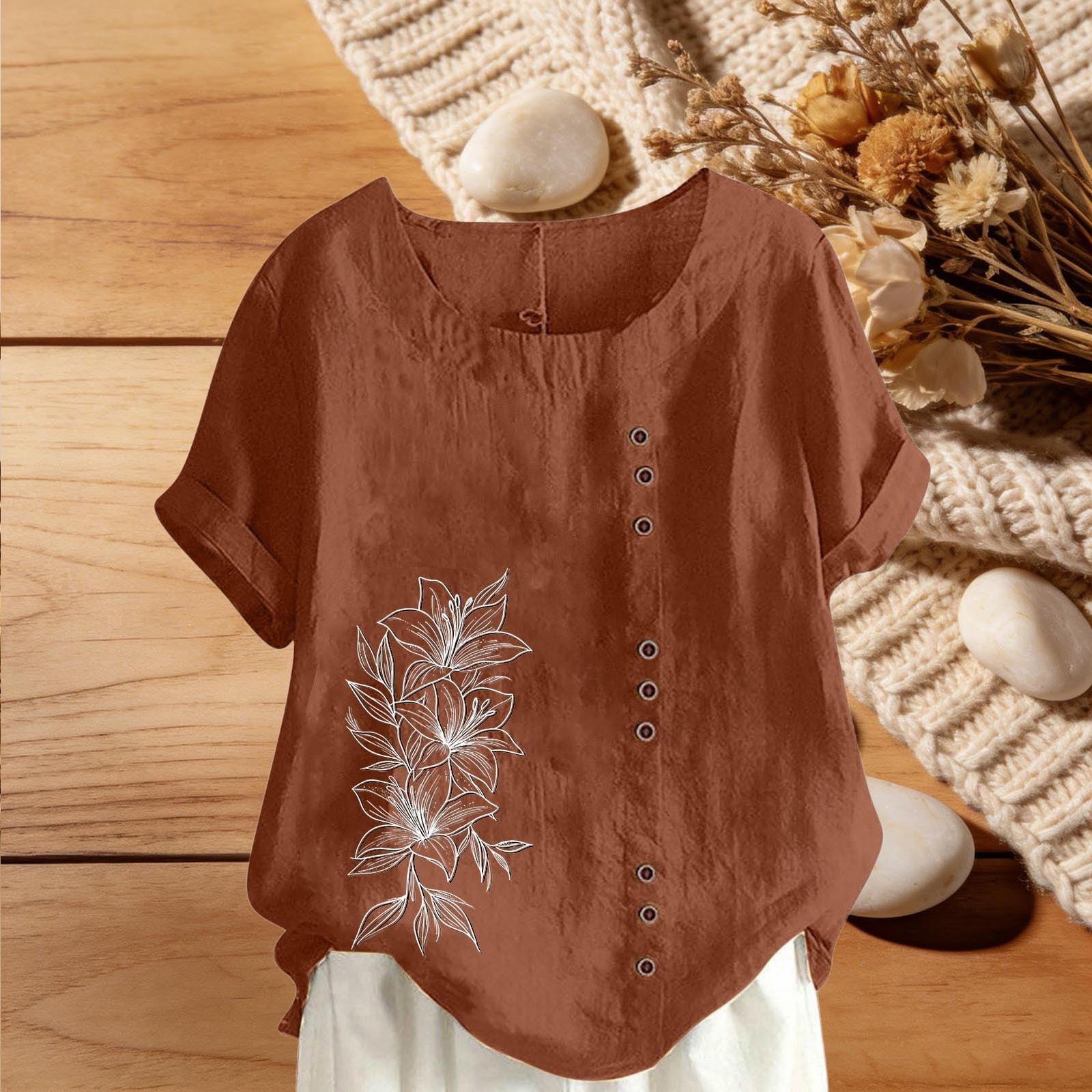 HOMBOM Summer Tops for Women Button Cotton Linen Short Sleeve Loose ...