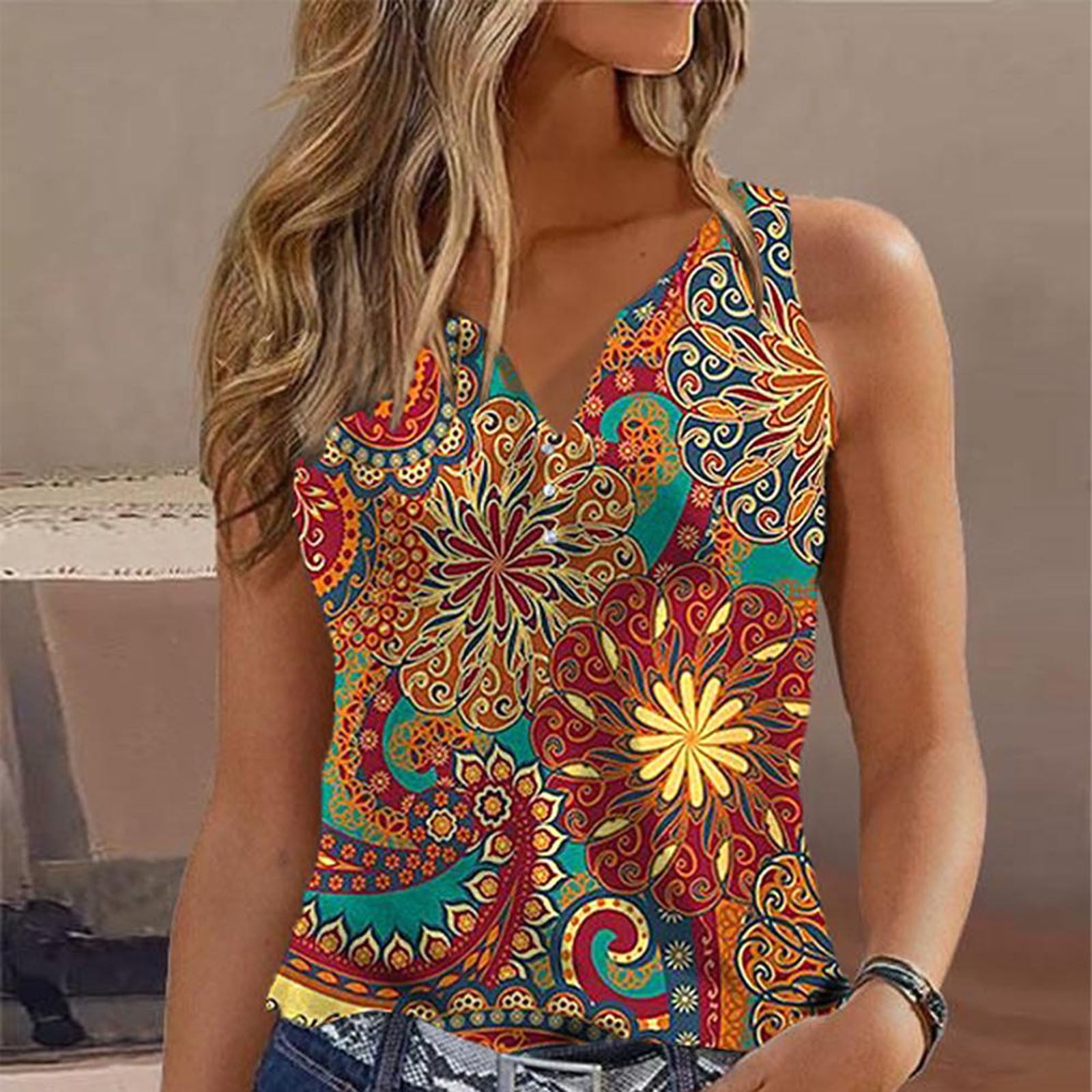 HOMBOM Tank Tops Notch NeckV-Neck Multicolor Sleeveless Flower Print ...