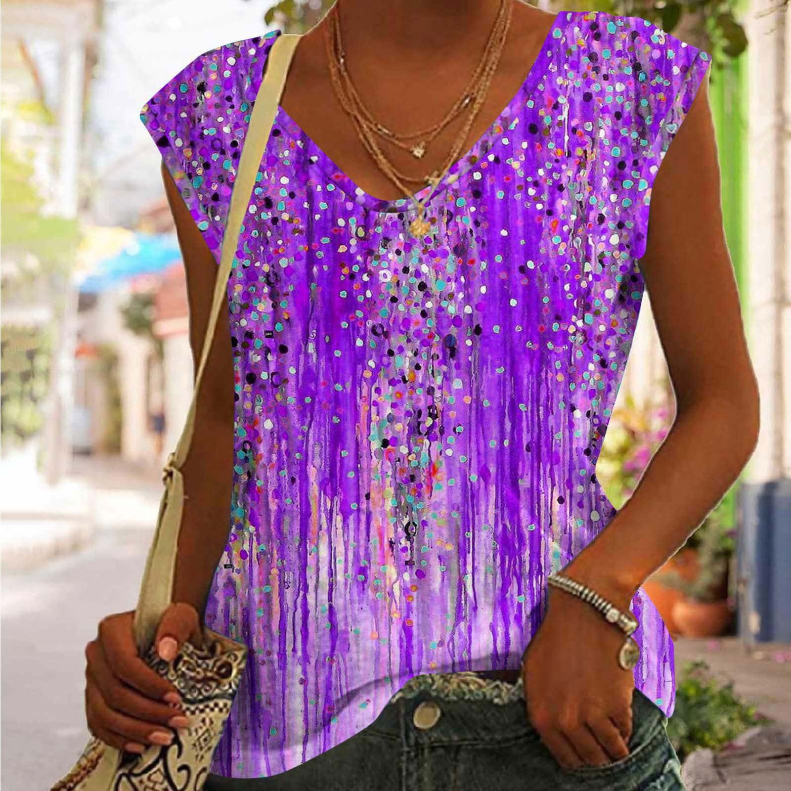 Hombom Tank Tops V Neck Purple Sleeveless T Shirt Polka Dot Trendy Tops