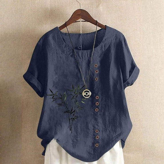 HOMBOM Tops for Women Boho Navy Spring Graphic Crewneck Loose Cotton ...