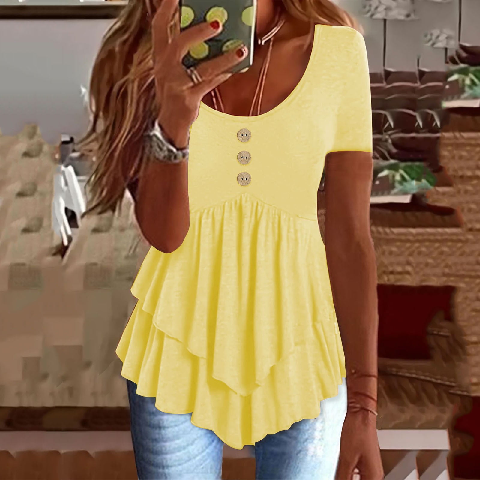 HOMBOM Tops for Women Trendy Yellow Short Sleeve Pleated Crew Neck Solid Layered Hem Shirts M ...