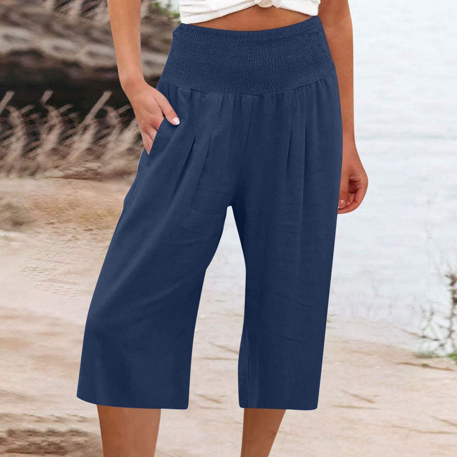 HOMBOM Wide Leg Pants Capris Women Navy Casual High Elastic Waist ...
