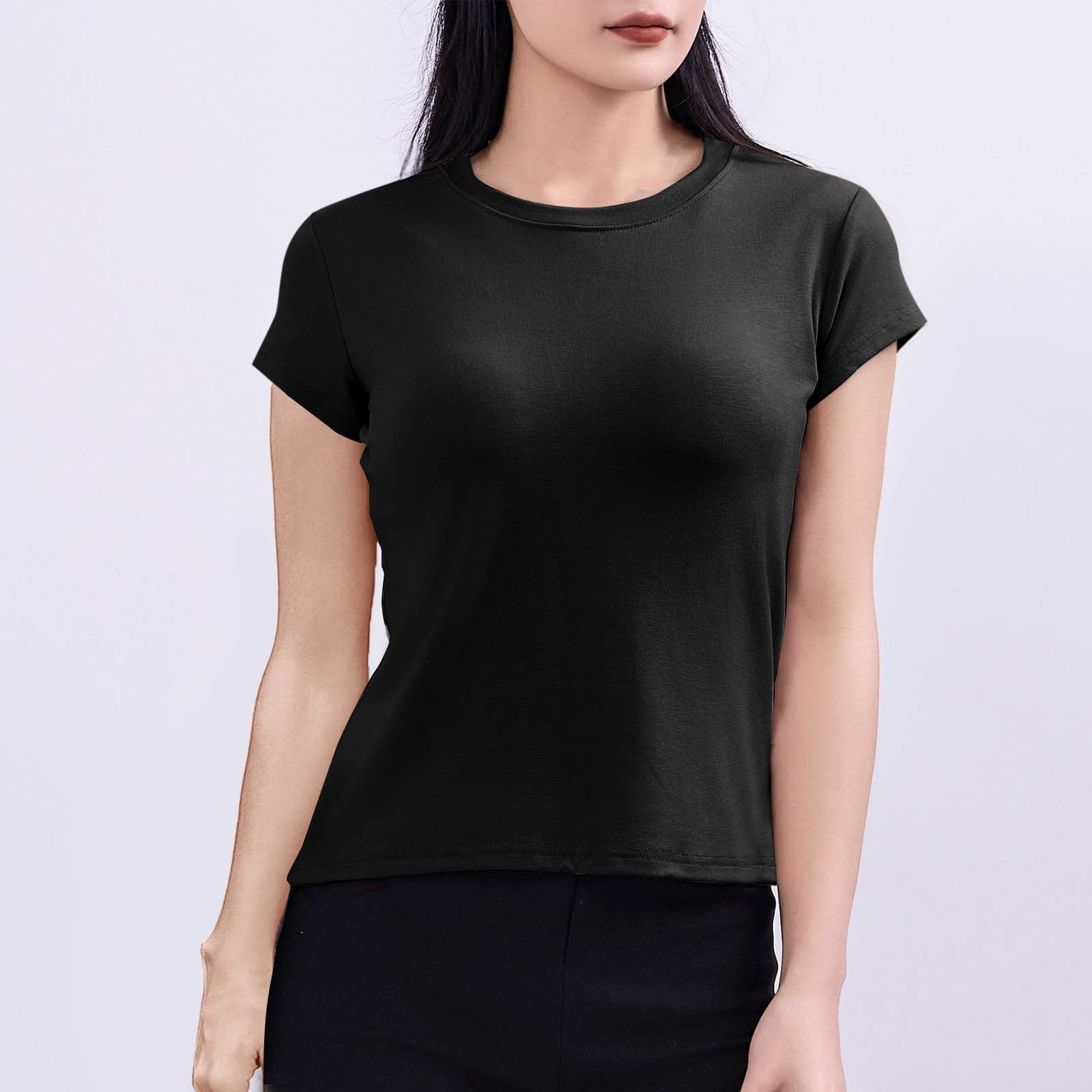 HOMBOM Women Shirts Summer Black Basic Slim Fit Short Sleeve Solid Crew Neck T-shirt 2XL ...