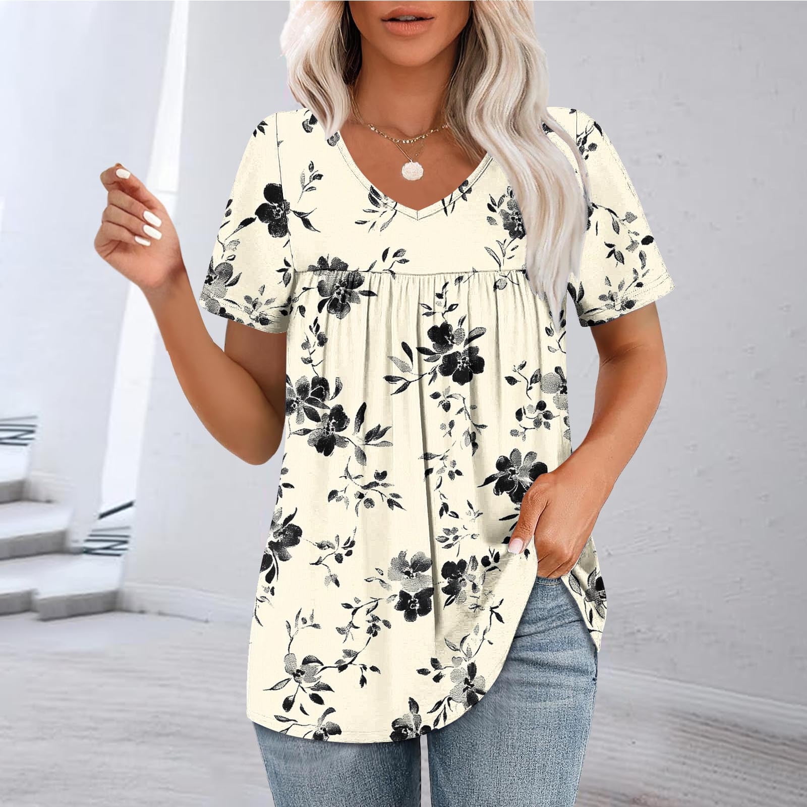 HOMBOM Women Tops Trendy Beige Tunic Floral V Neck Pleated Short Sleeve ...
