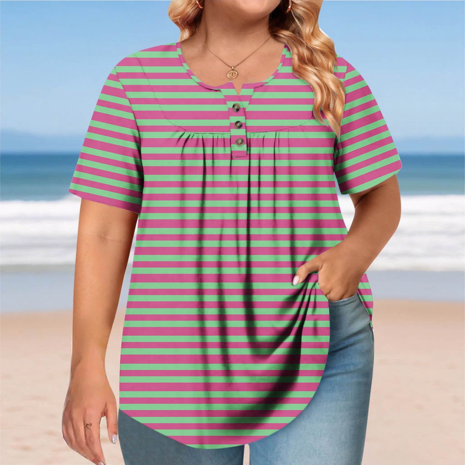 HOMBOM Women Tops Watermelon Red Striped Trendy Pleated Plus Size Crew ...