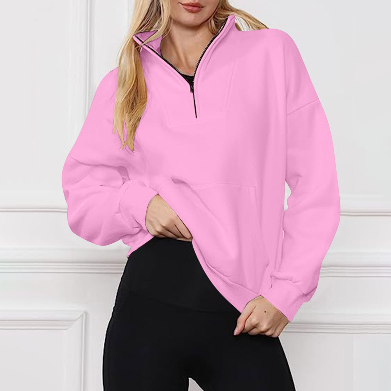 HOMBOM Women Zipper Sweatshirt,Half Zip Long Sleeve Solid Hoodless Mock ...