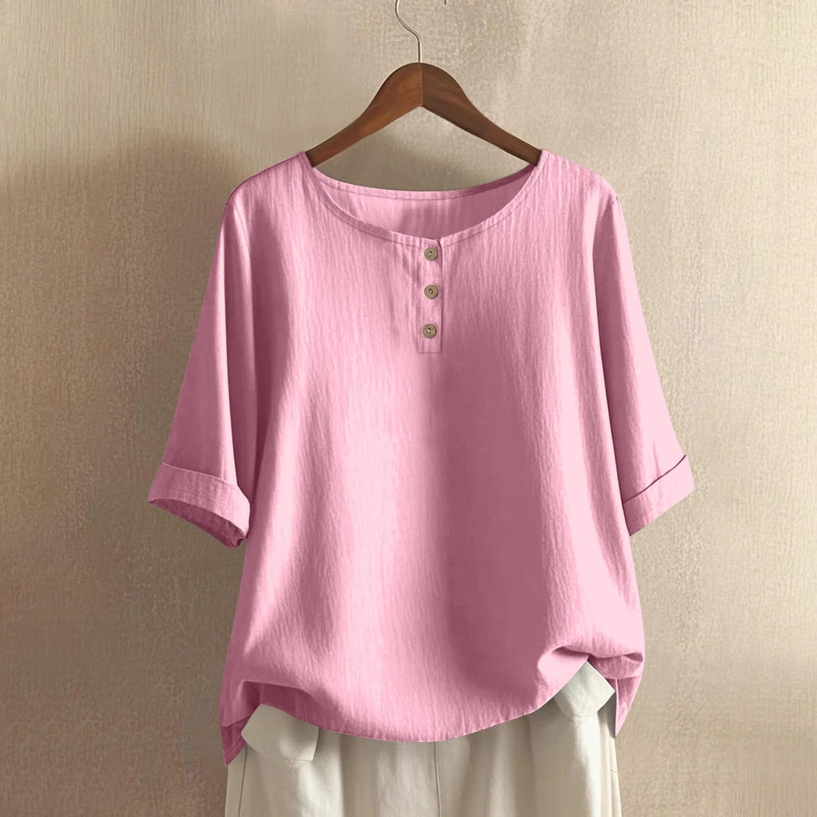 HOMBOM Womens Cotton Linen Shirts Rolled Sleeve Plus Size Short Sleeve ...