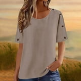 HOMBOM Womens Cotton Linen Tops Spring Button Solid Brown Short Sleeve ...