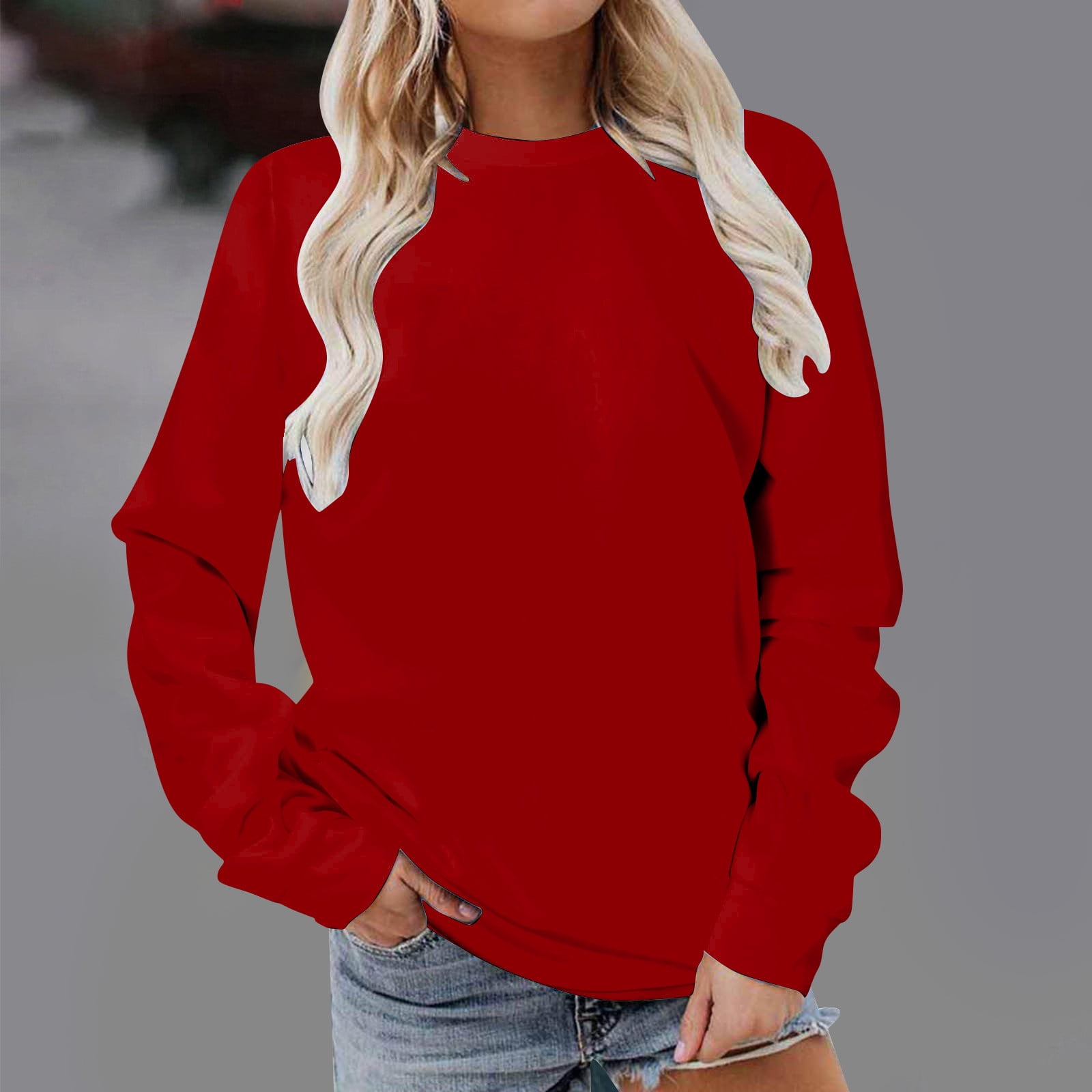 HOMBOM Womens Pullover Hoodless Sweatshirts,Solid Red Long Sleeve ...