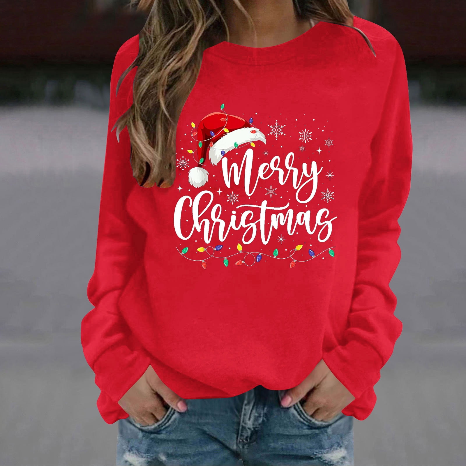 HOMBOM Womens Red Sweatshirts Merry Fleece Crewneck Xmas Festive ...