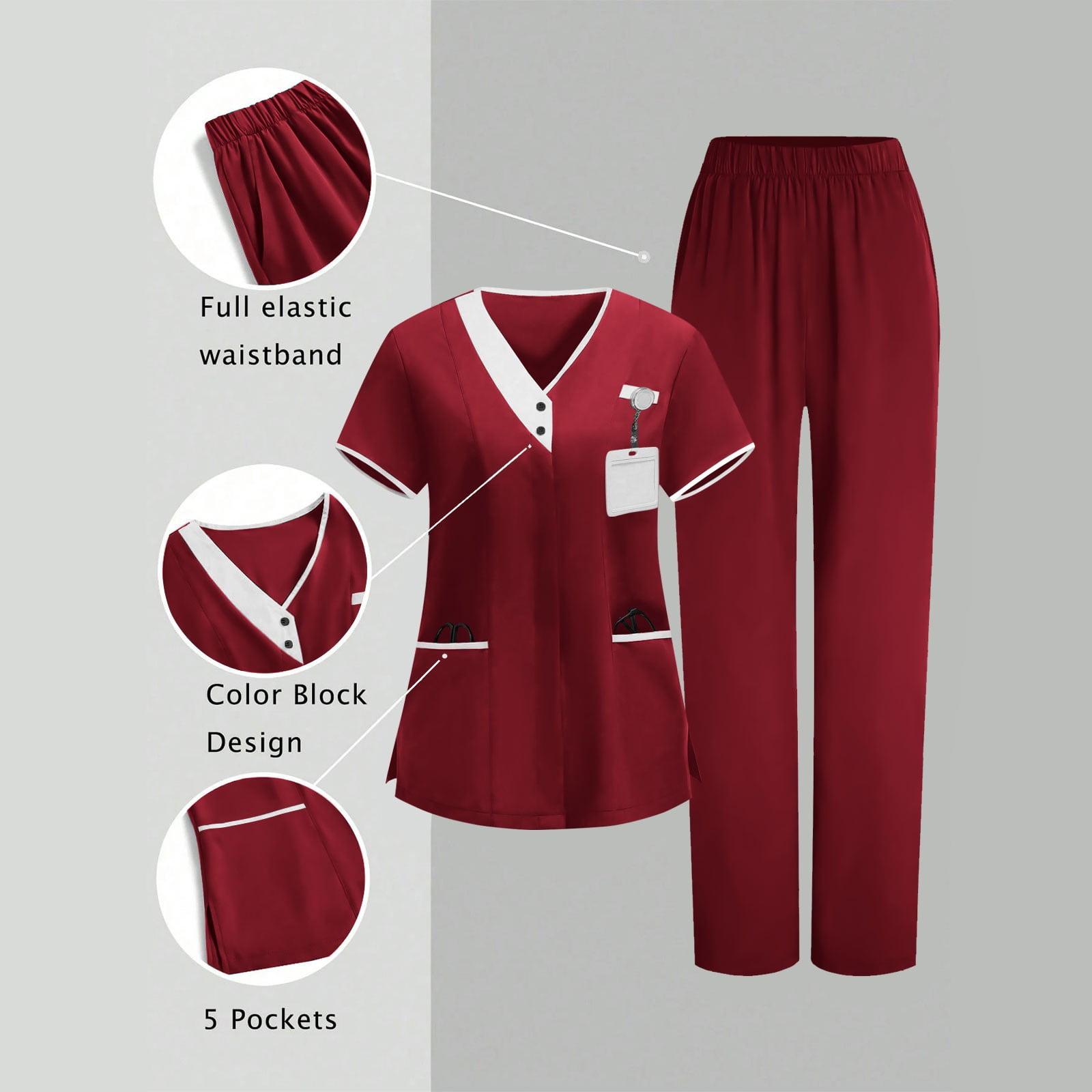 HOMBOM Womens Scrubs Red Set V Neck Scrub Top and Pant Short Sleeve ...