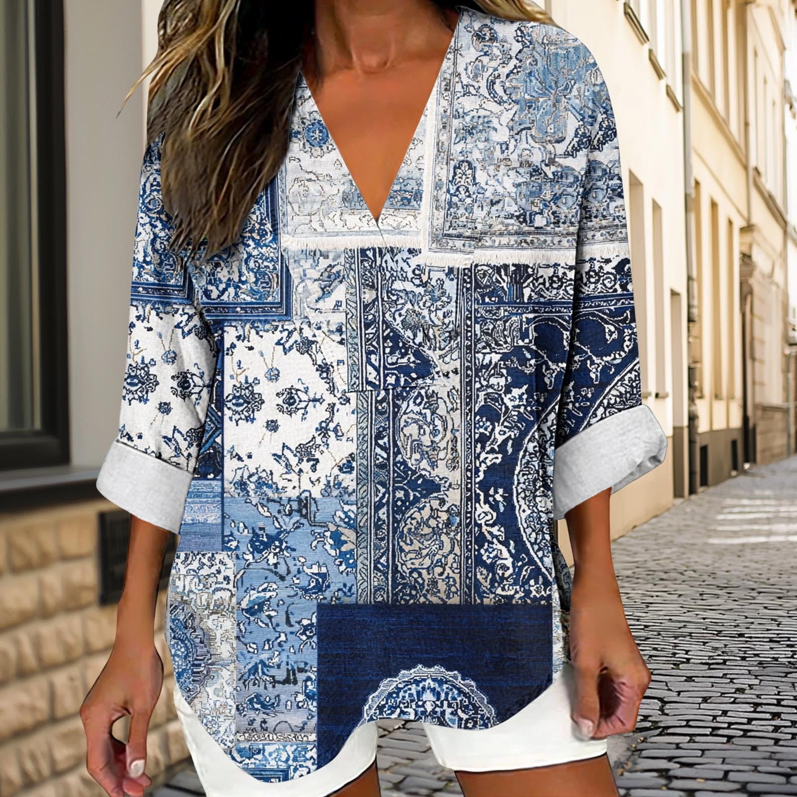HOMBOM Womens Shirts Cotton Linen Loose Fit V Neck Floral Long Sleeve ...