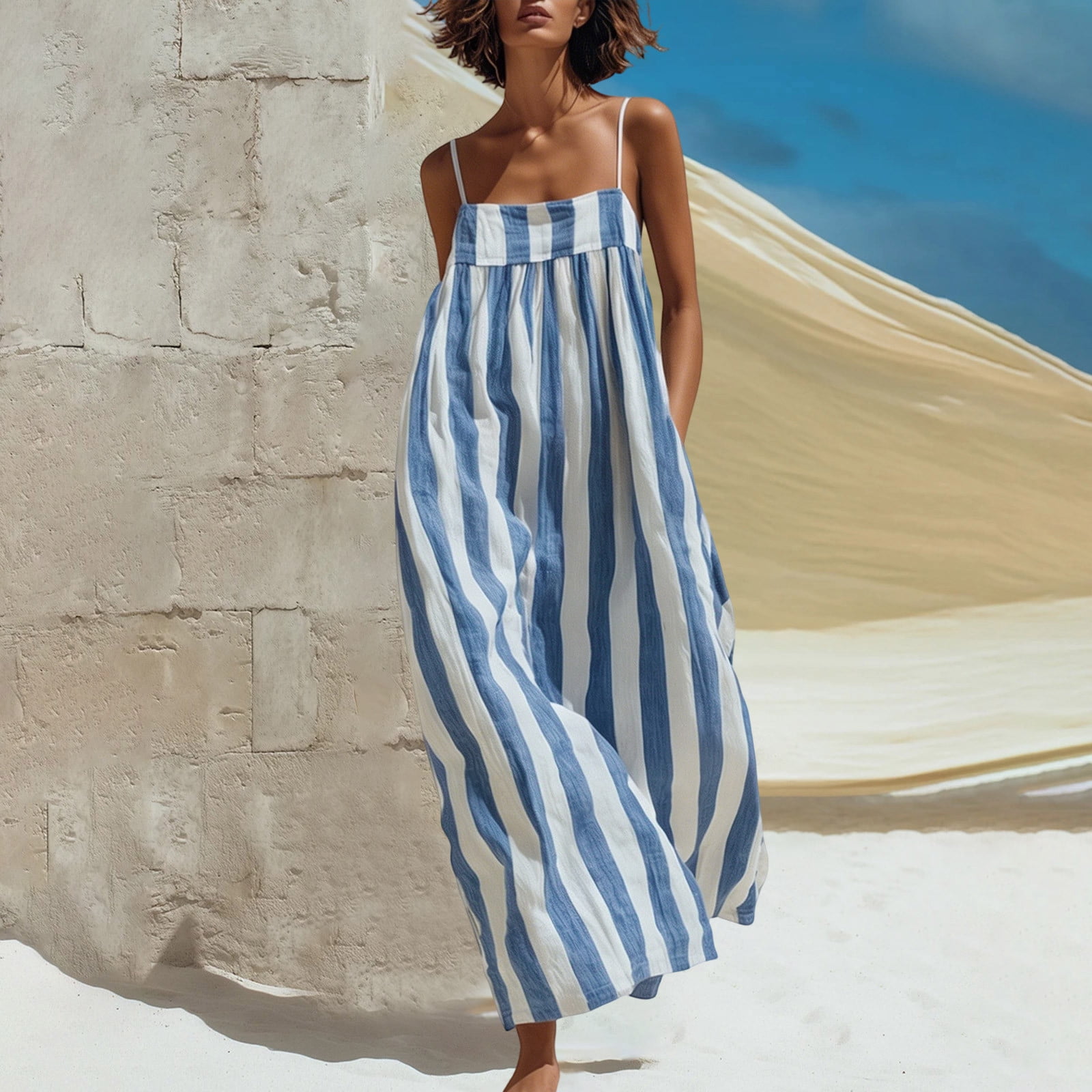 HOMBOM Womens Slip Dresses Flowy Maxi Backless Beach Spaghetti Straps ...