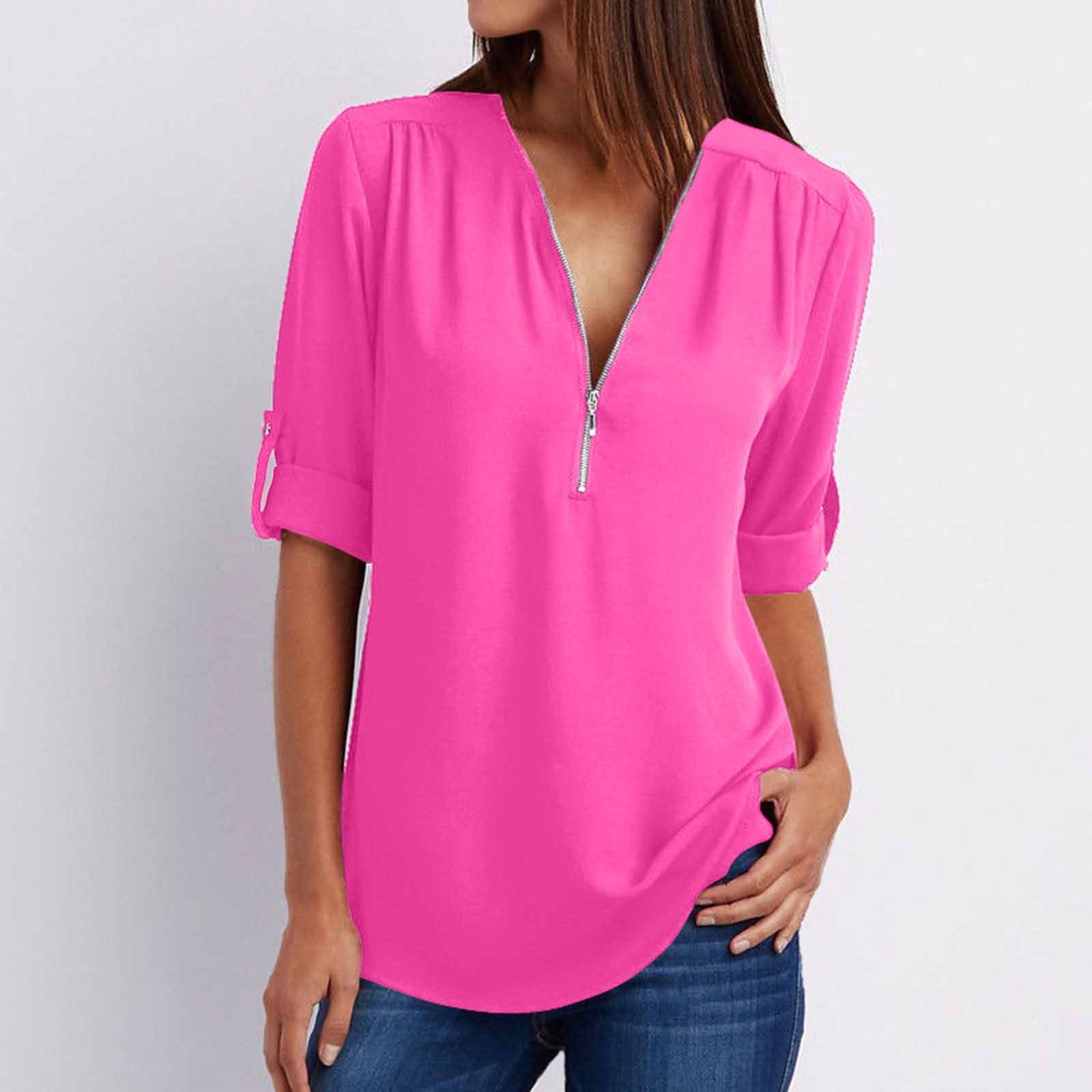 HOMBOM Womens Summer Blouses Casual Short Sleeve Hot Pink Half Zip V ...