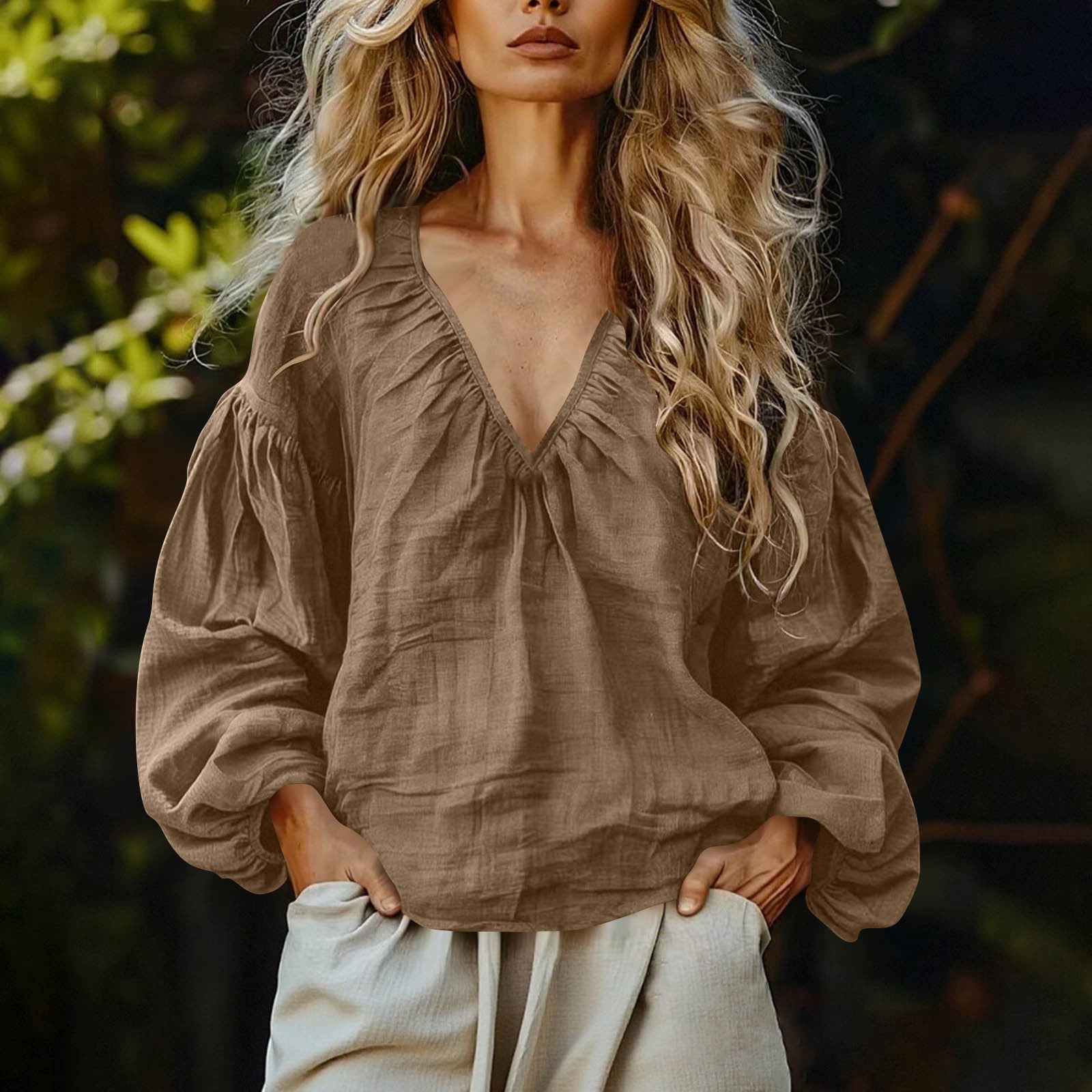 HOMBOM Womens Summer Tops Brown Cotton Linen Long Sleeve Puff Sleeve ...