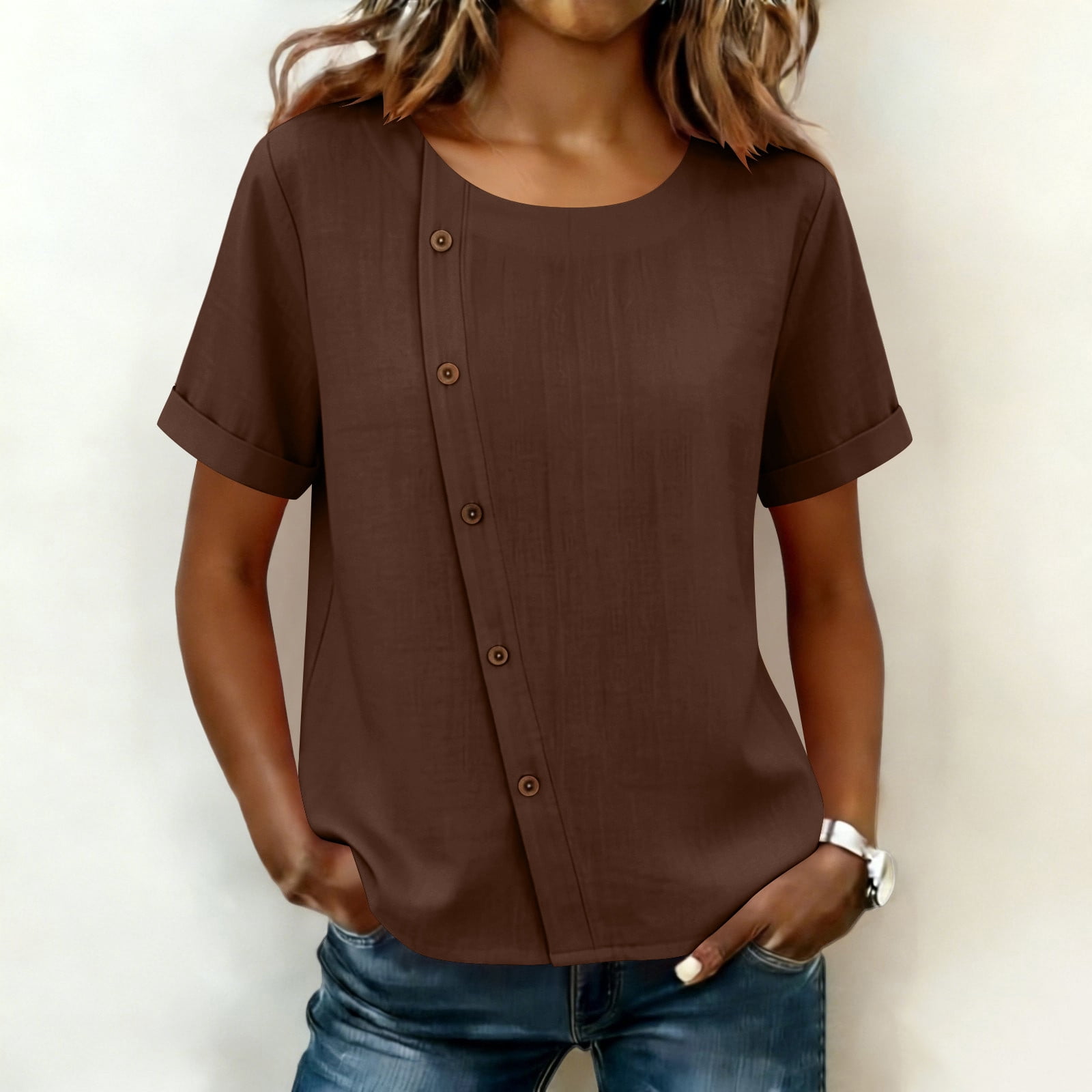 HOMBOM Womens Summer Tops Cotton Linen Short Sleeve Crew Neck Button ...