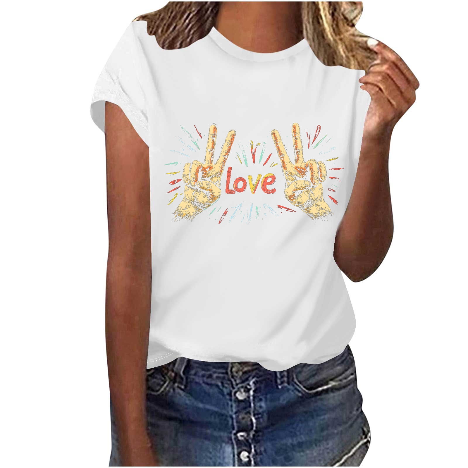 HOMBOM Womens Summer Tops White Valentines Loose Soft Short Sleeve Love ...