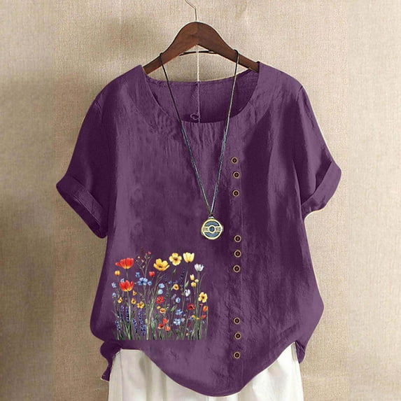HOMBOM Womens Tops Button Spring Boho Short Sleeve Floral Purple ...