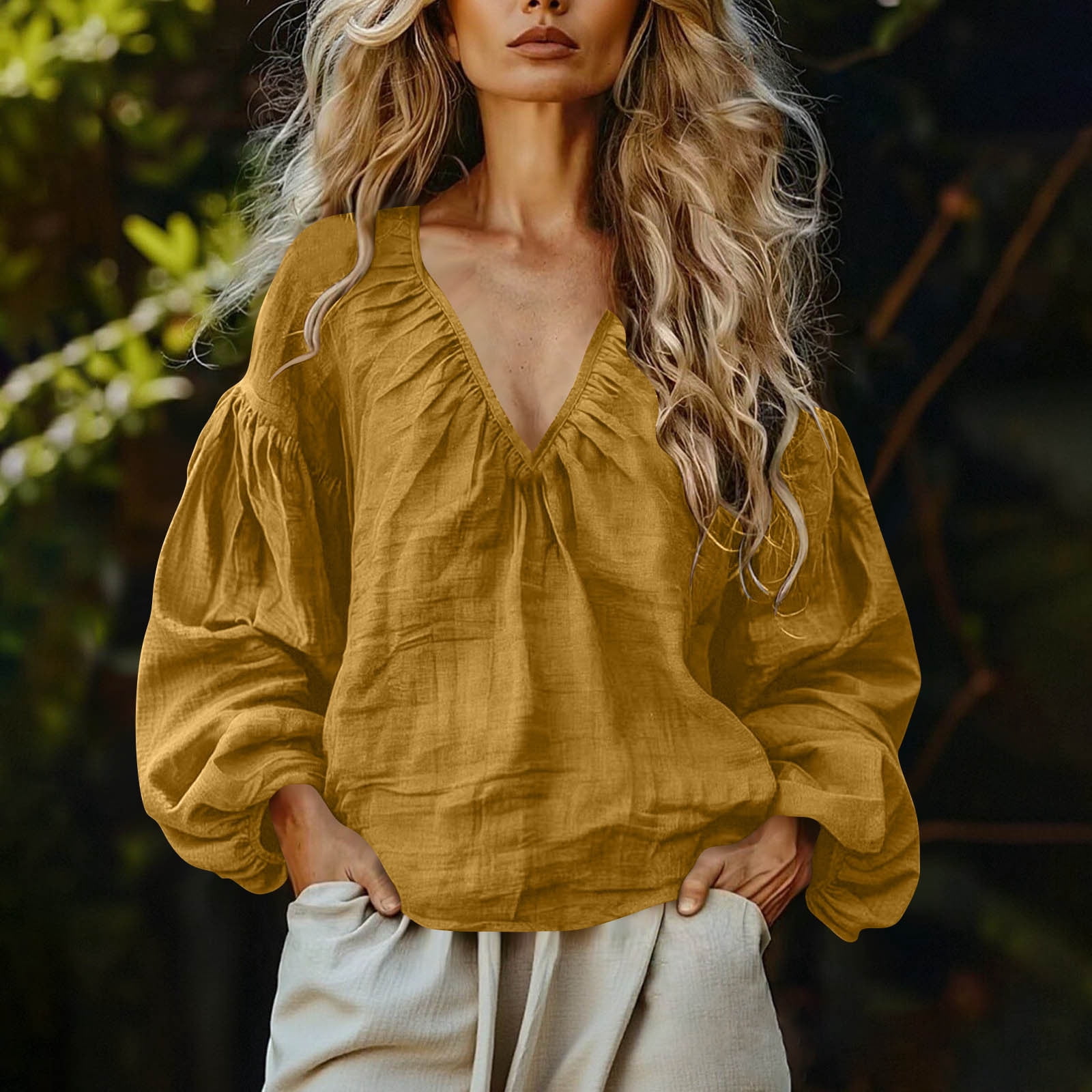 HOMBOM Womens Tops Long Sleeve Yellow Summer Soft Puff Sleeve Solid ...