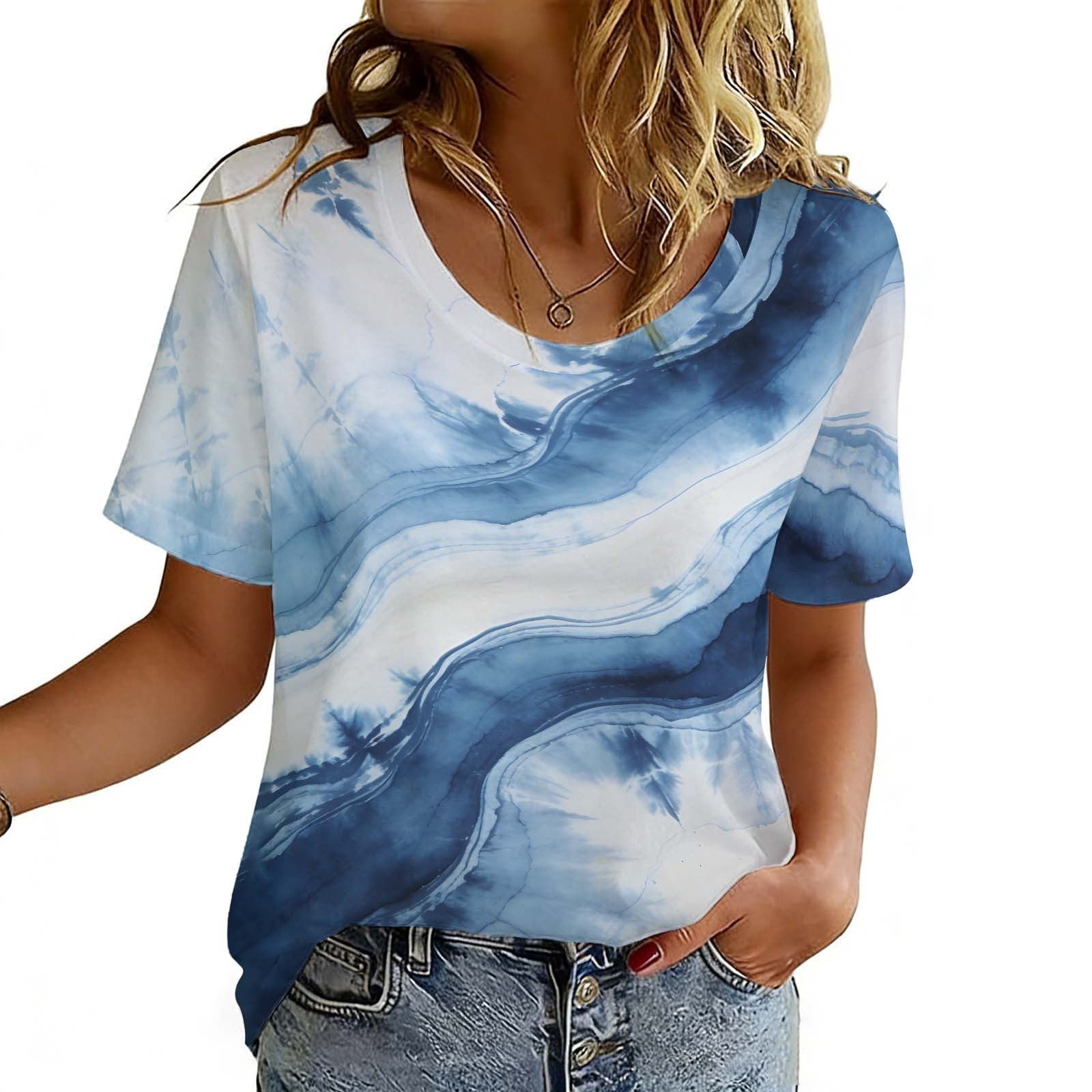 HOMBOM Womens Tops Spring Oversized Blue Graphic Loose Crewneck Tie dye ...