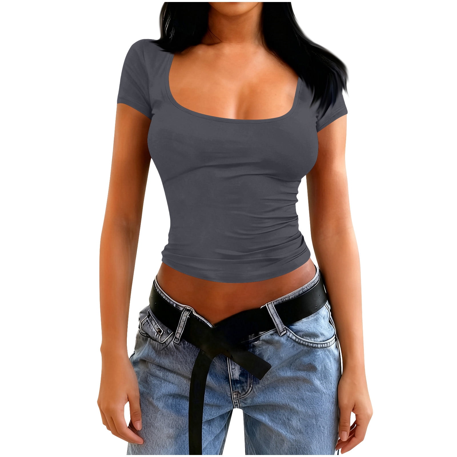 HOMBOM Womens Trendy Tops Y2K Gray Square Neck Solid Color Crop Slim ...