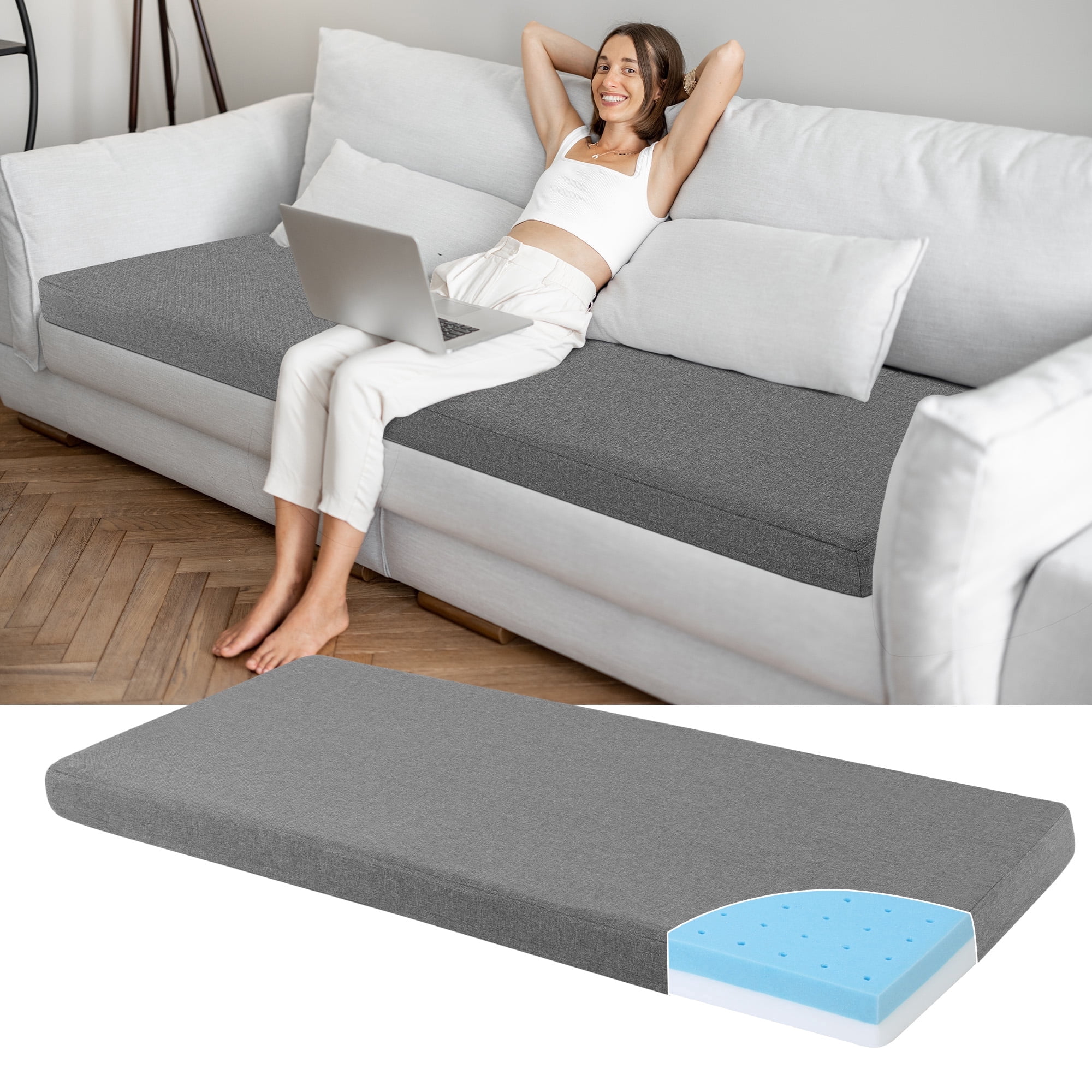 HOMBYS 3 Inch Memory Foam Sofa Topper Pad, 71" L x 27.5" W Couch Topper ...