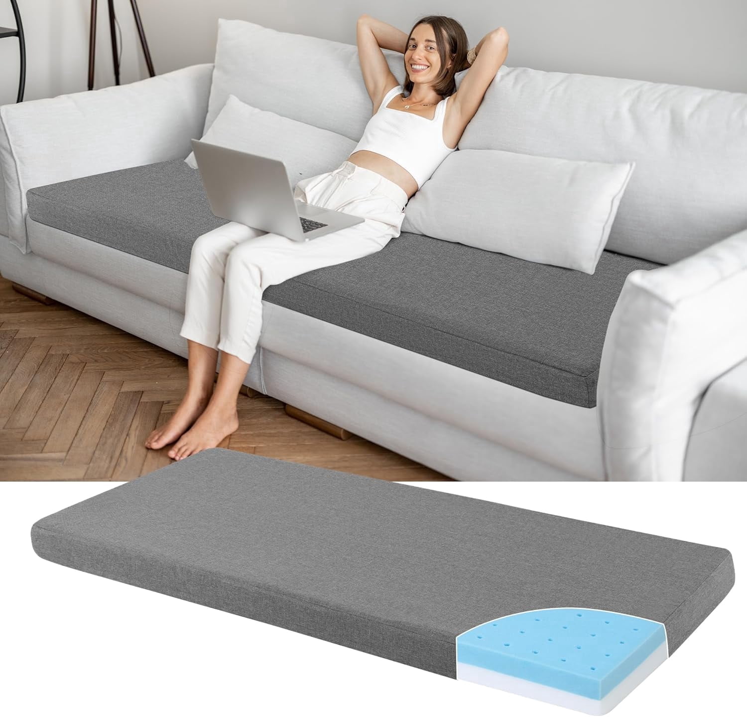 HOMBYS 3 Inch Memory Foam Sofa Topper Pad, Couch Topper Cushion with ...