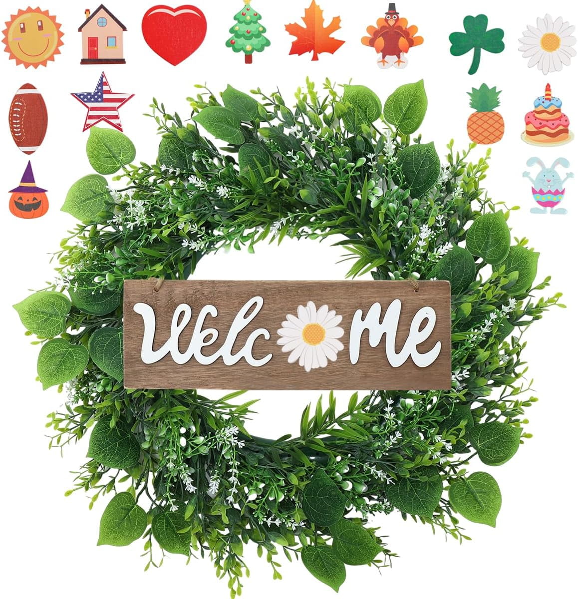 HOMCDALY Wreaths for Front Door, 18'' Door Wreath with Interchangeable ...