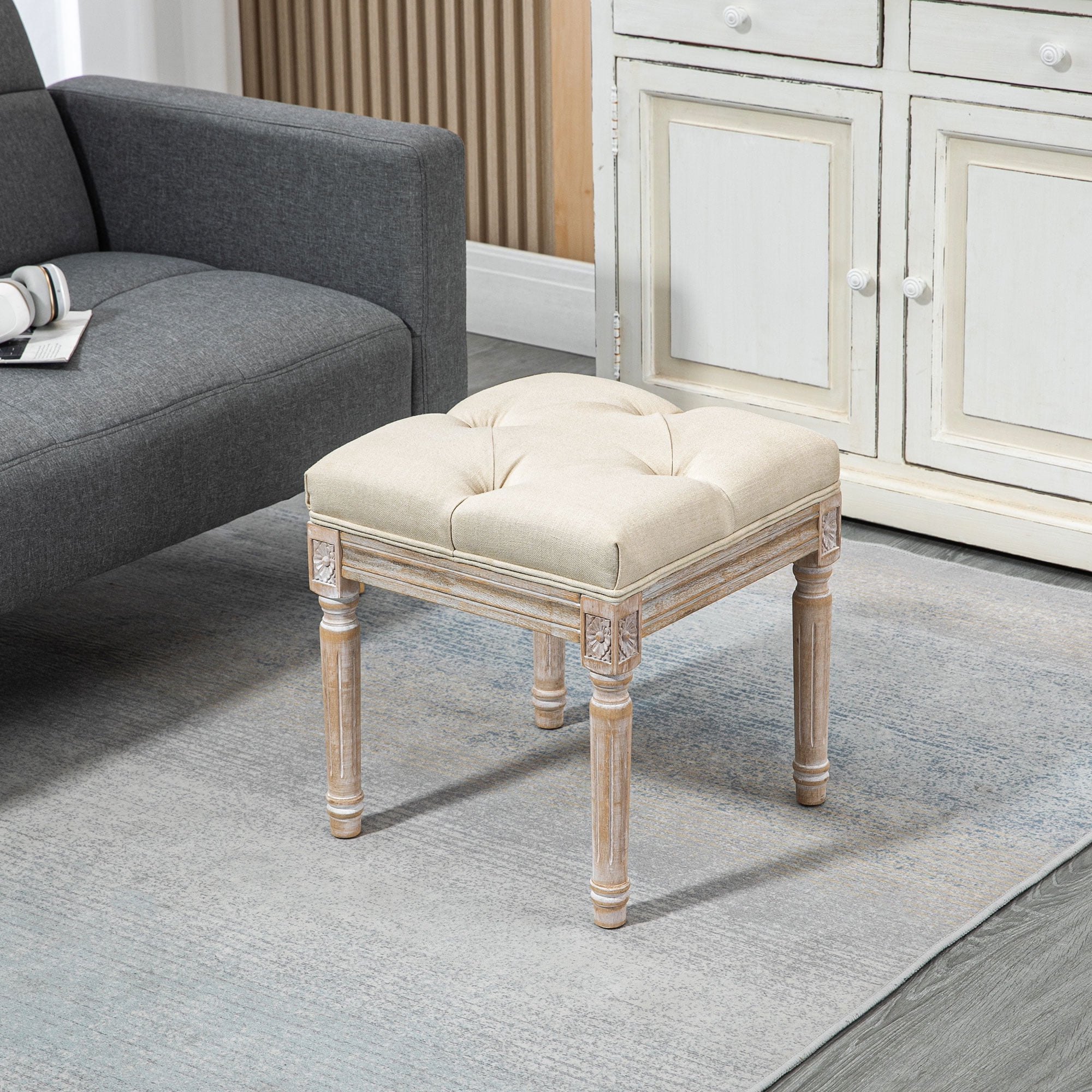 Homcom 15.75 Vintage Ottoman Tufted Foot Stool with Upholstered Seat Rustic Wood Legs for Bedroom Living Room Beige