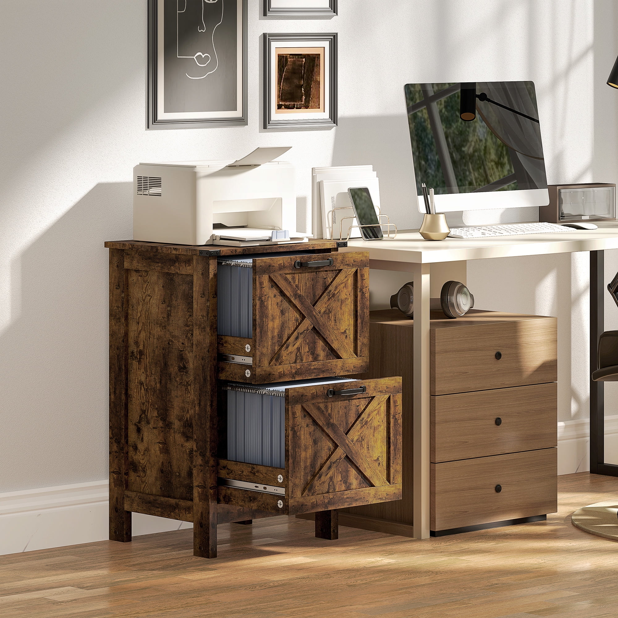 HOMCOM 2 Drawer Vertical File Cabinet, Barn Doors, A4/Letter Storage ...