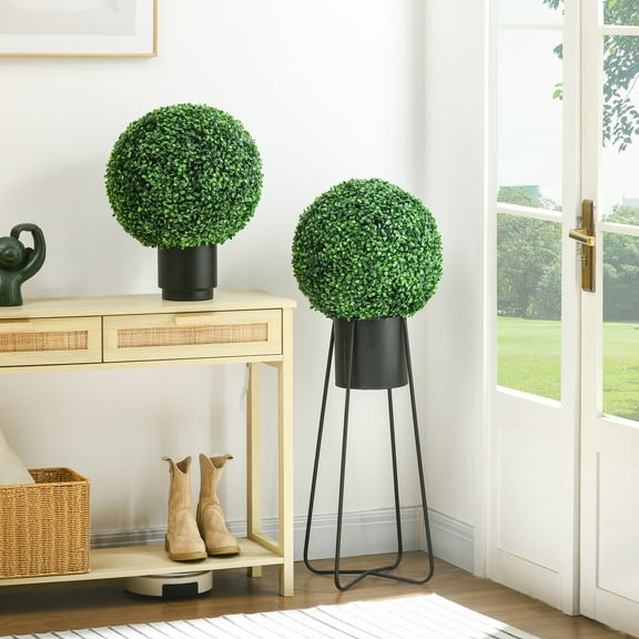 HOMCOM Set of 2 20.5" Artificial Ball Boxwood Topiary Trees with Pot ...