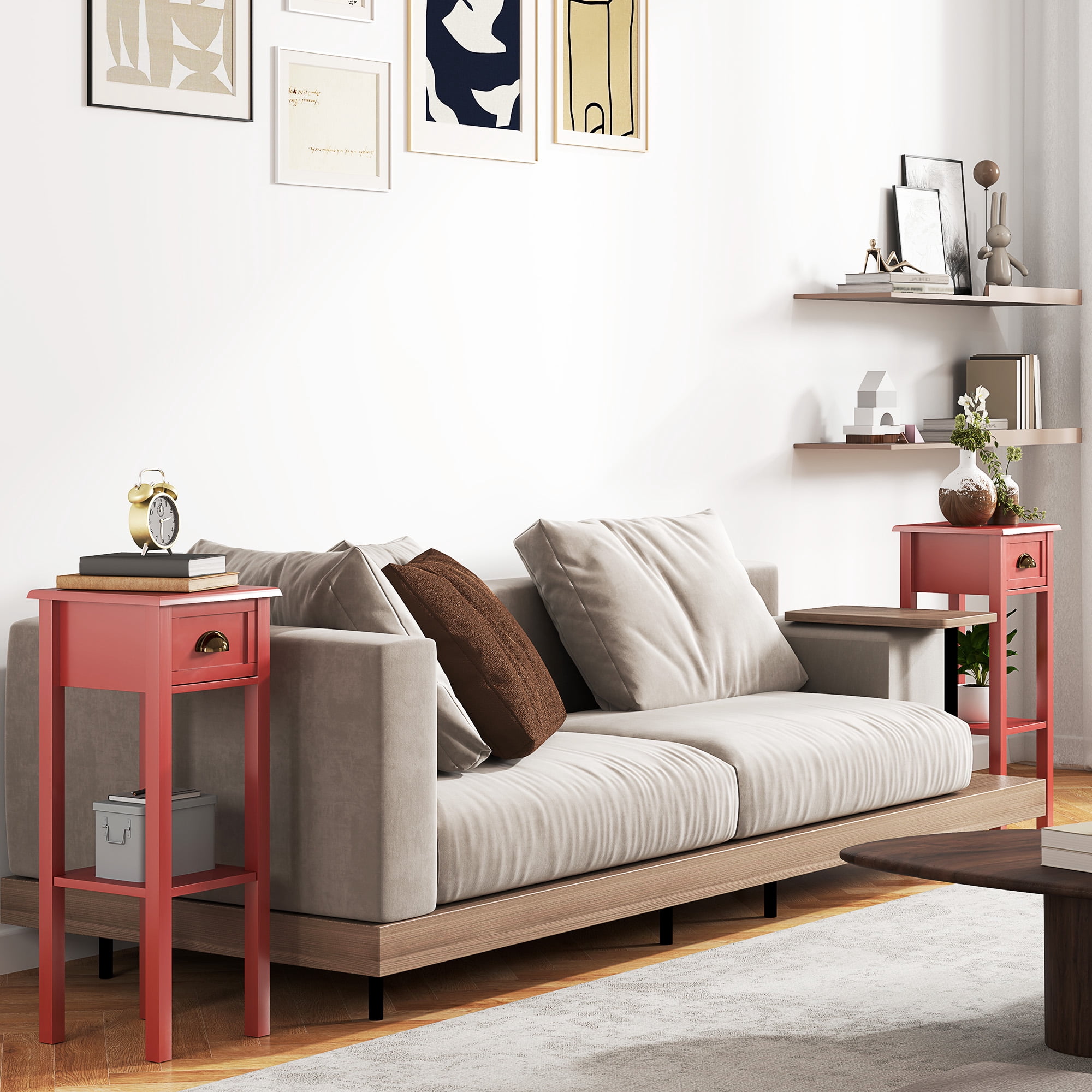 HOMCOM 2-Tier Side Tables with Drawer, Narrow End Tables with Bottom ...