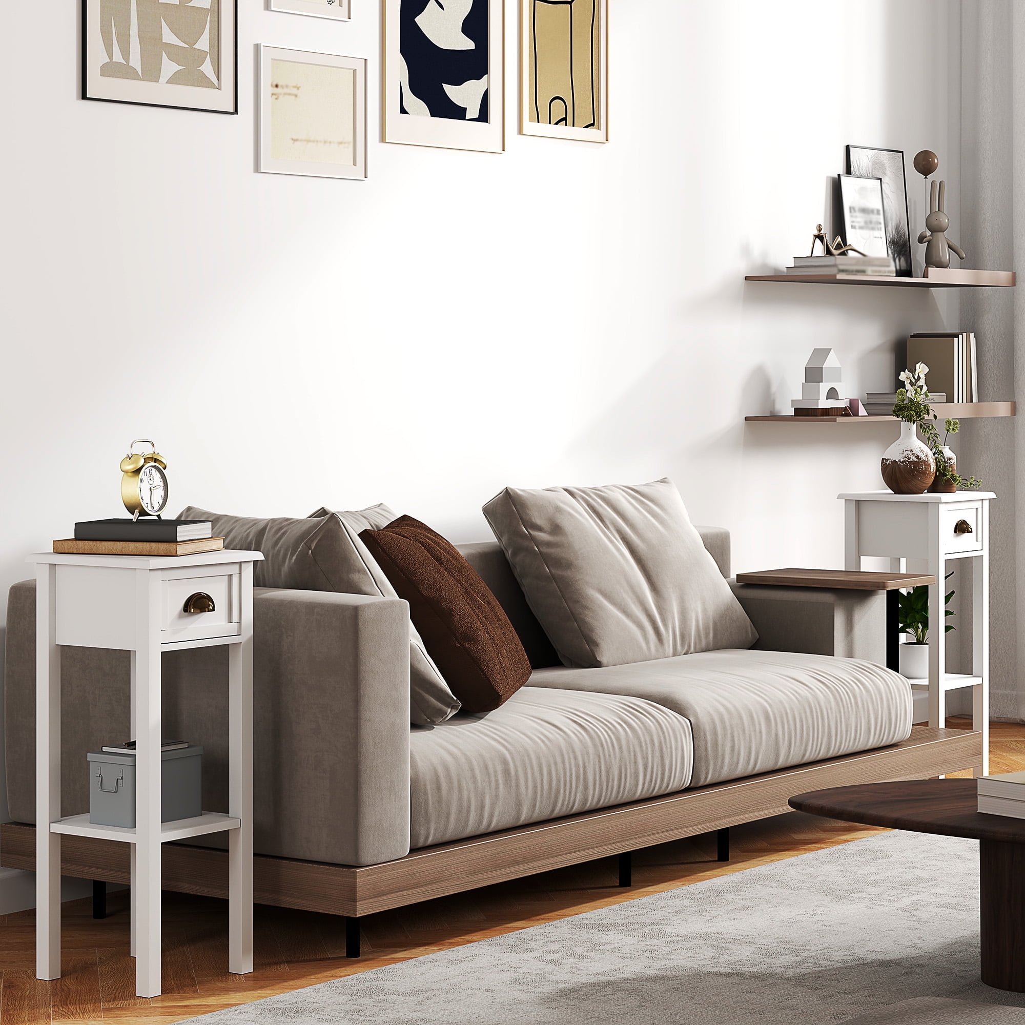 HOMCOM 2-Tier Side Tables with Drawer, Narrow End Tables with Bottom ...