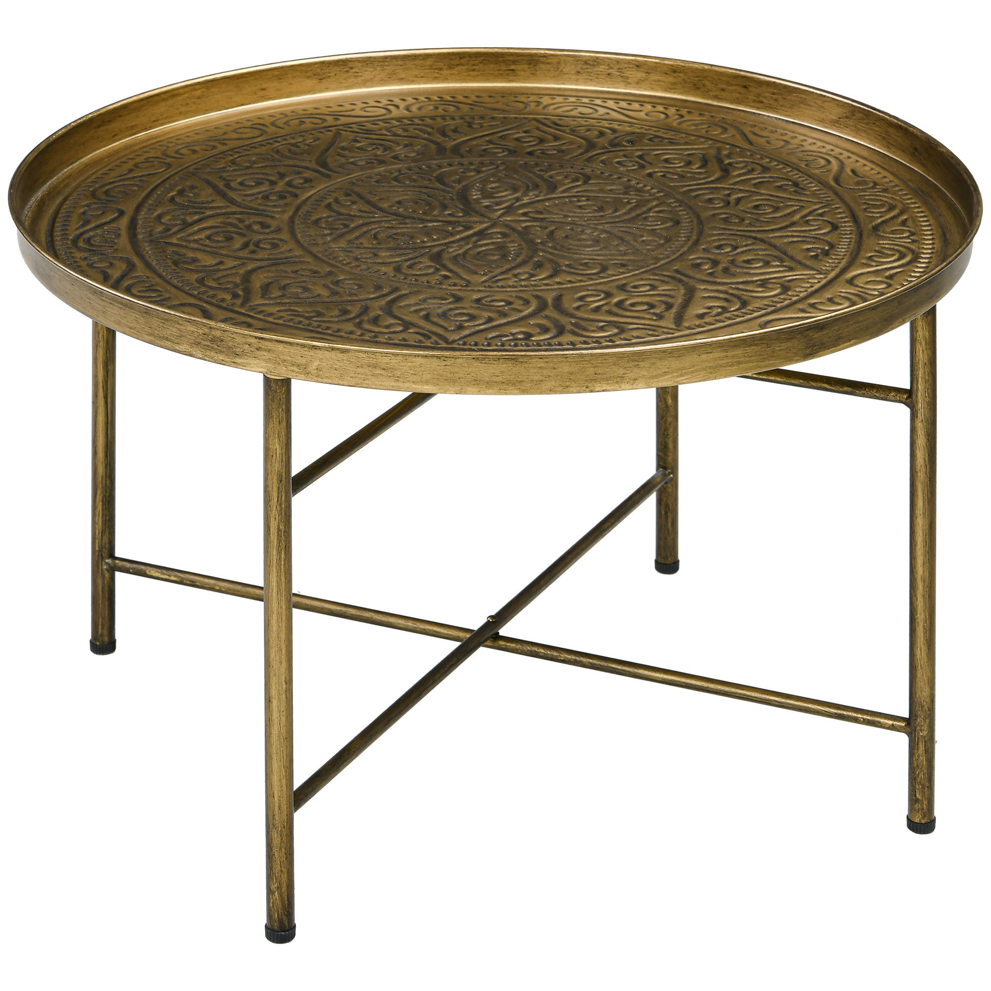HOMCOM 24" Round Coffee Table with Hammered Tray Top, Vintage Metal ...