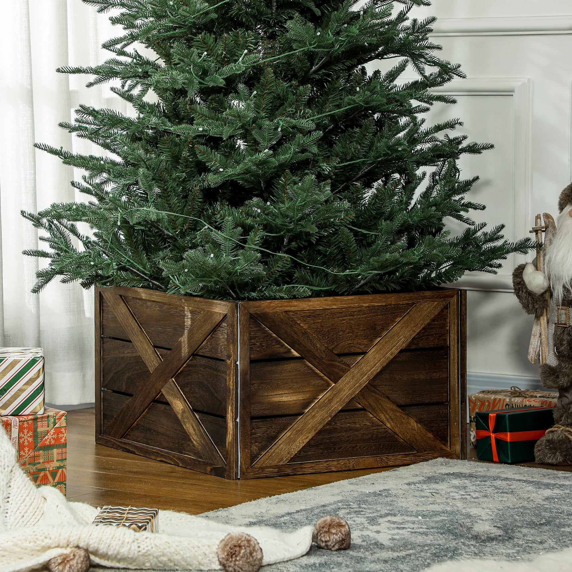 HOMCOM 24" Wooden Christmas Tree Collar Box, Dark Distressed Wood ...
