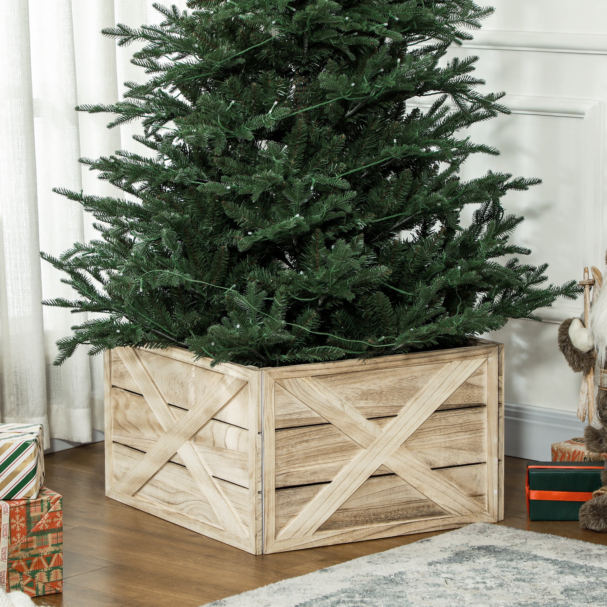 HOMCOM 24" Wooden Christmas Tree Collar Box, Light Distressed Wood ...
